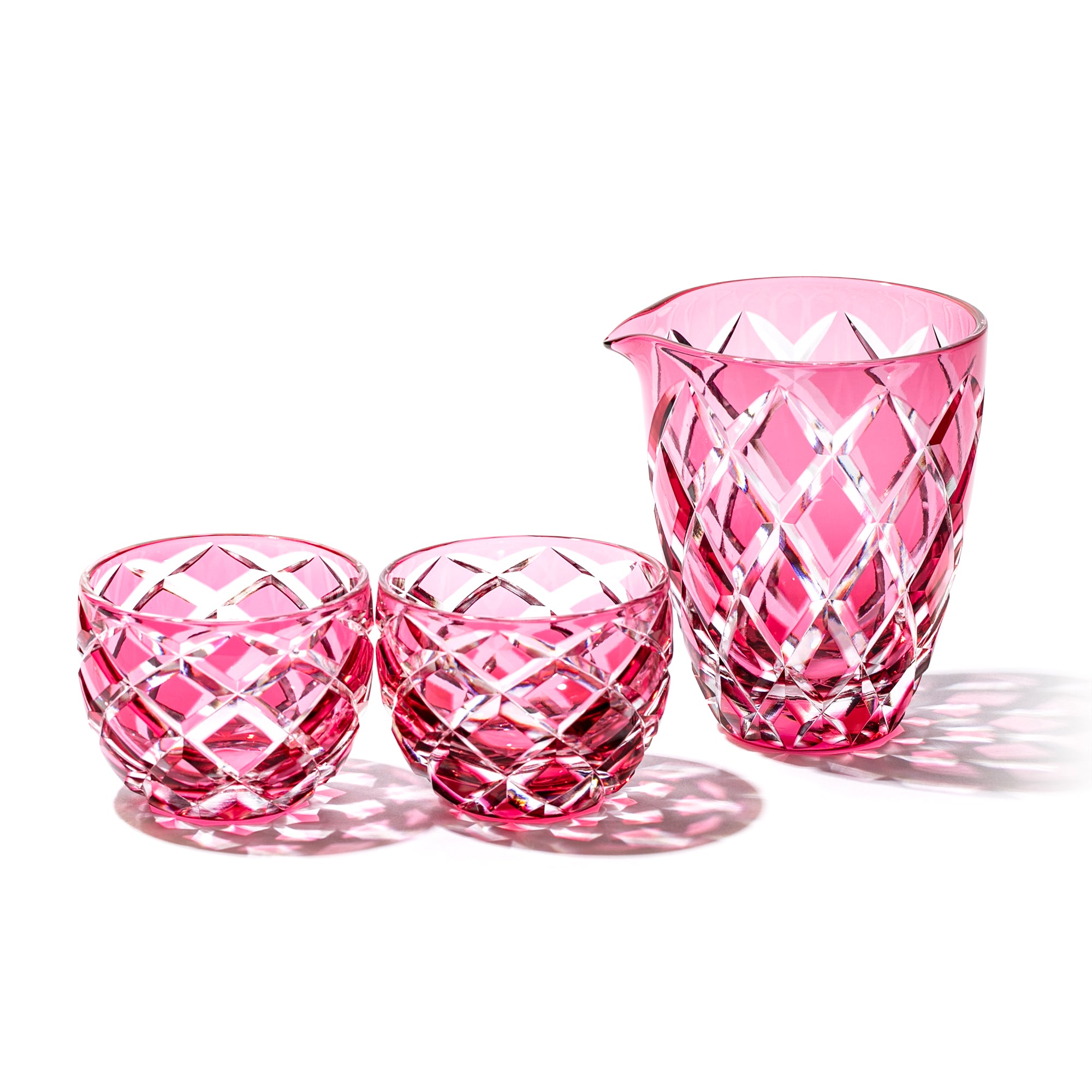 江戸切子 伝統工芸士 木村泰典 作 矢来紋 酒器三点揃 金赤 ｜江戸切子グラスならTABLEAU ONLINE SHOP（タブロー工房オンラインショップ）