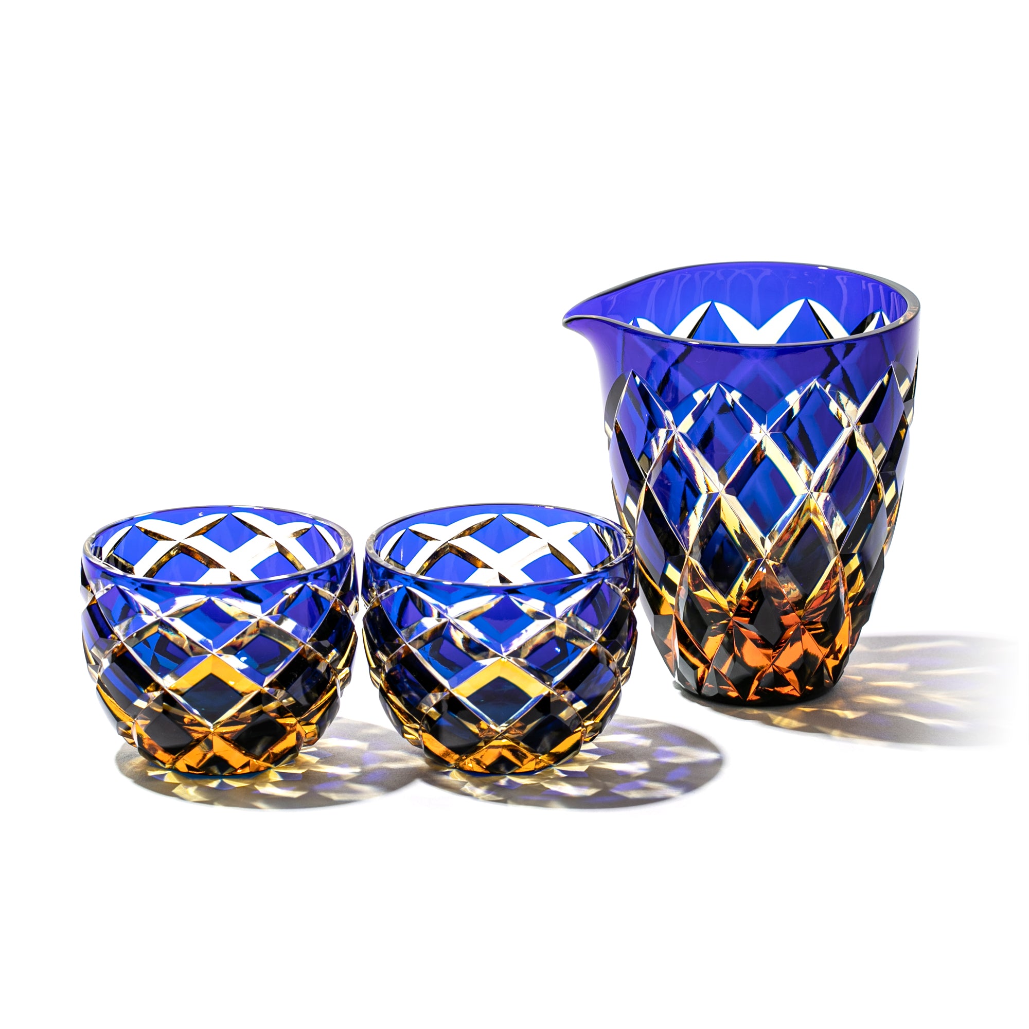 江戸切子 伝統工芸士 木村泰典 作 矢来紋 酒器三点揃 琥珀ルリ ｜江戸切子グラスならTABLEAU ONLINE SHOP（タブロー工房オンラインショップ）