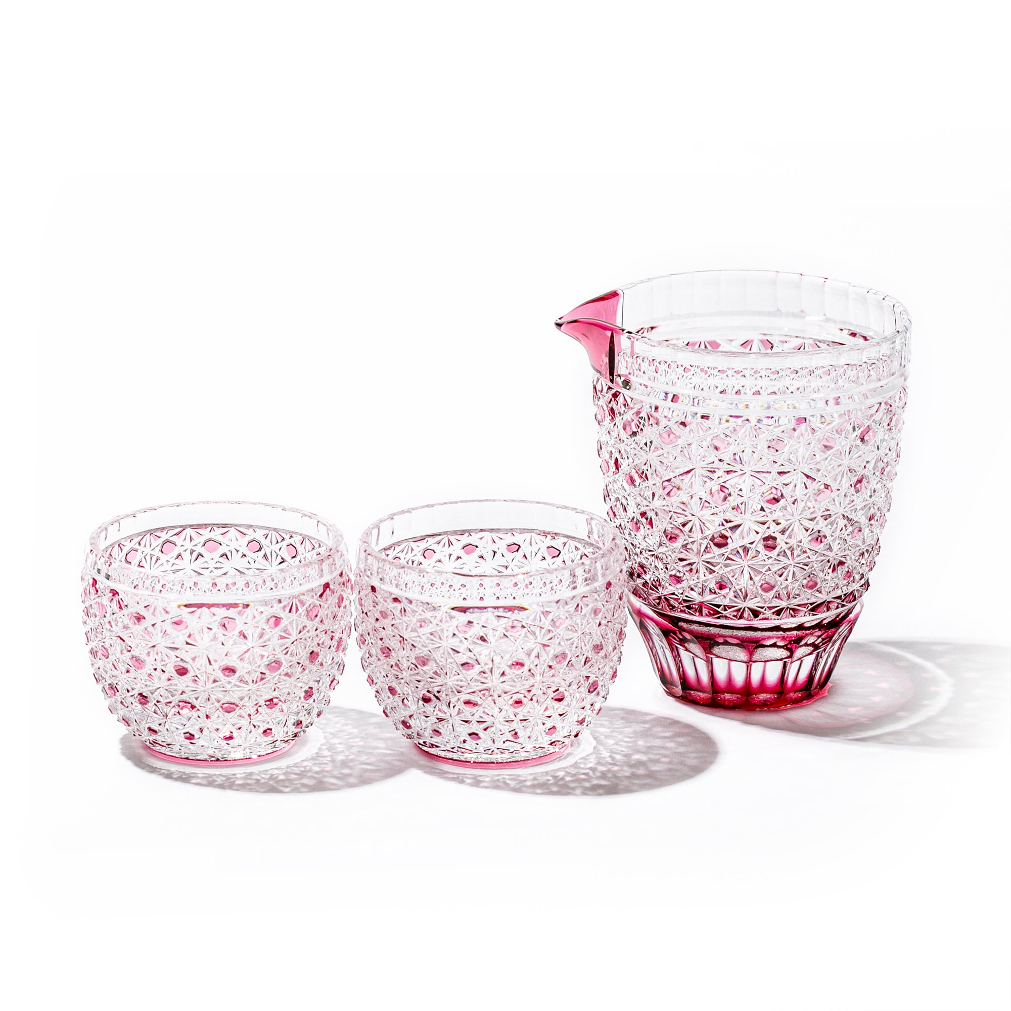 江戸切子 伝統工芸士 木村泰典 作 菊籠目紋 酒器三点揃 金赤 ｜江戸切子グラスならTABLEAU ONLINE SHOP（タブロー工房オンラインショップ）