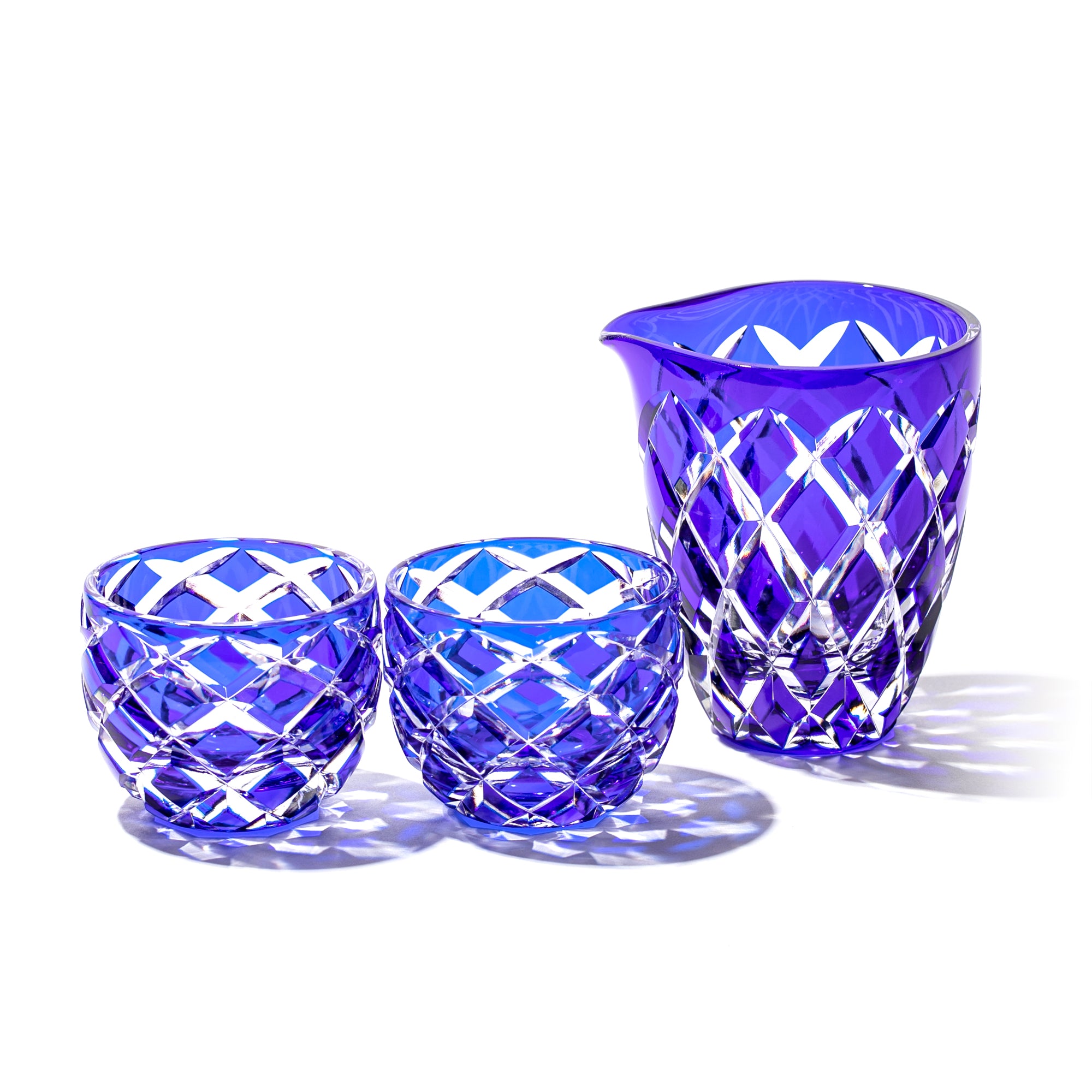 江戸切子 伝統工芸士 木村泰典 作 矢来紋 酒器三点揃 ルリ ｜江戸切子グラスならTABLEAU ONLINE SHOP（タブロー工房オンラインショップ）